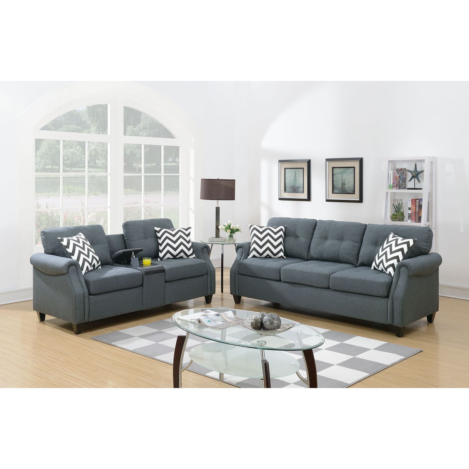 Retro Sofa Set 2 Piece Fabric Living Room Set with USB Console - Blue ...