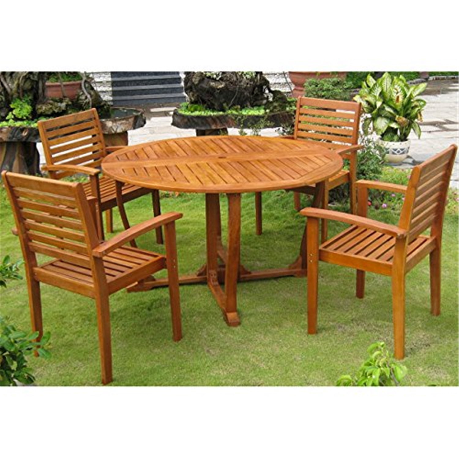 Outdoor Dining Set Balau Wood Table & Chairs - 51" Round Patio ...