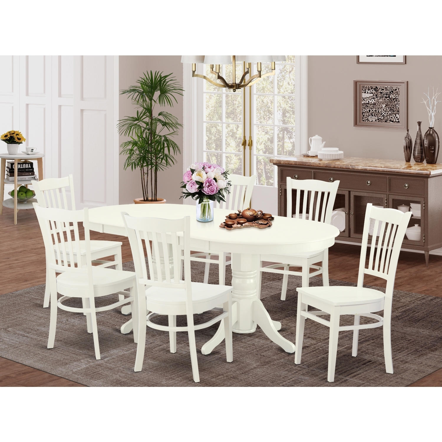 Rustic Dining Set - 7 Piece Table6 Wood Chairs - Linen White Kitchen ...