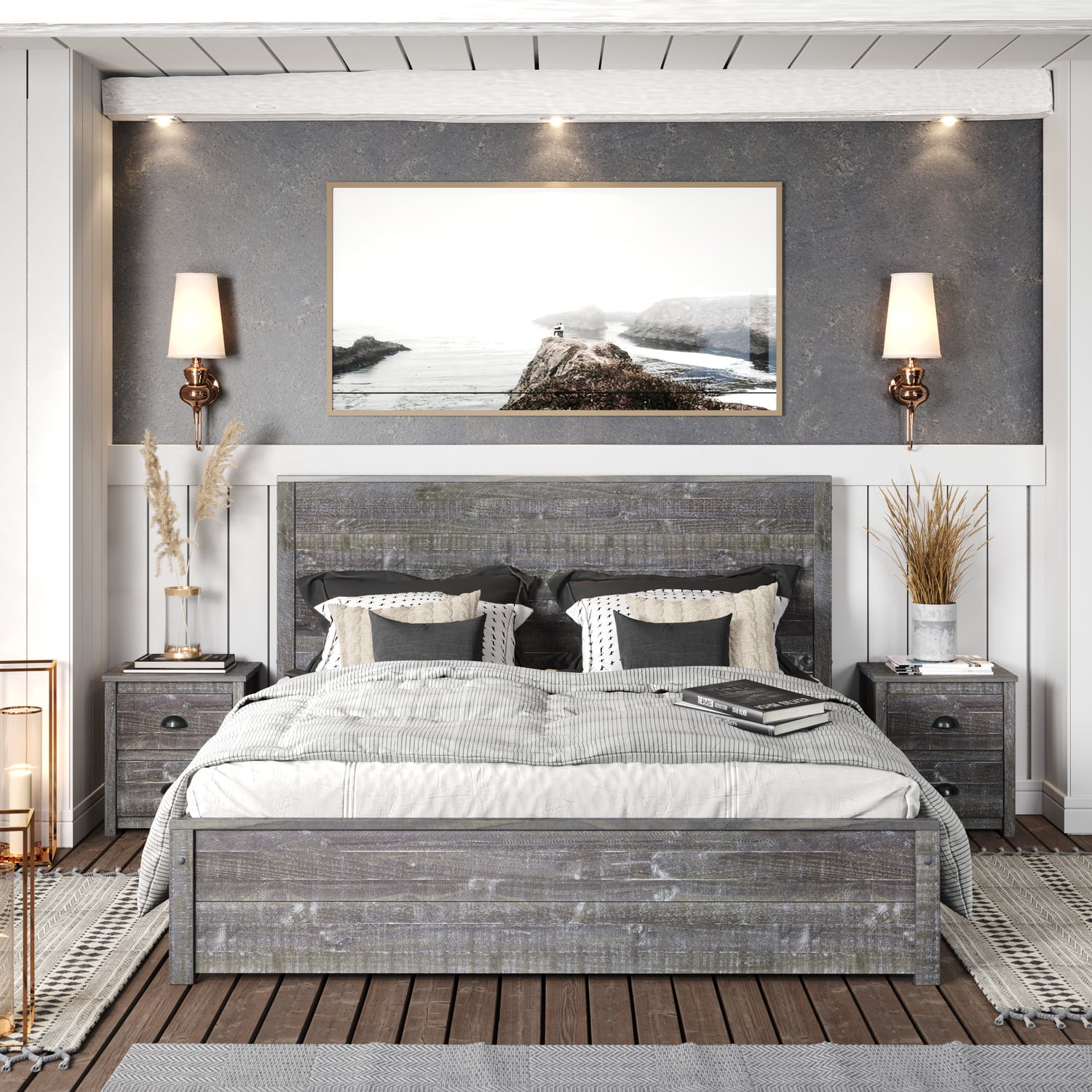 Queen Size Wood Bed Frame - Rustic Recluse Solid Pine Bed - Misty Grey ...