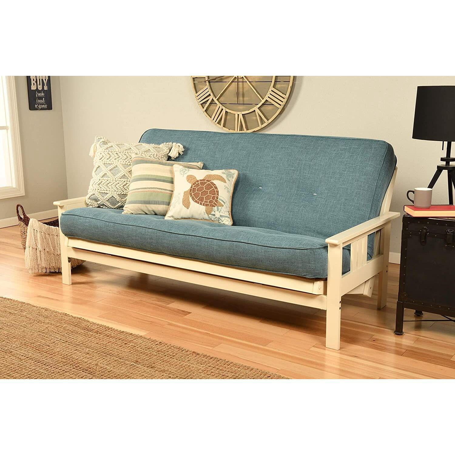 Full Size Futon Frame - Modern Sofa Bed - Hardwood Futon - Linen Aqua ...