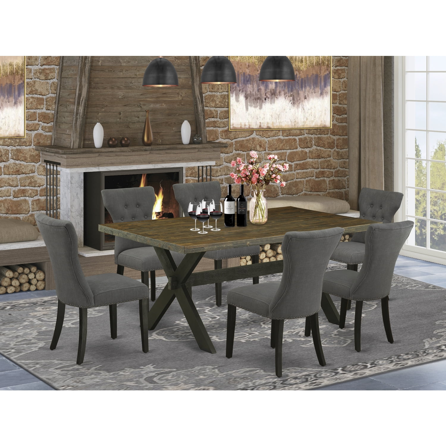 7-Piece Dining Set - Rectangle Table & 6 Parson Chairs - Linen Fabric ...