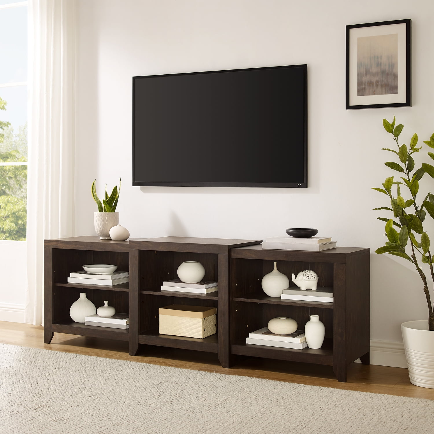 Maykoosh 69" Low Profile TV Stand, Dark Walnut, Modern Wood Storage ...