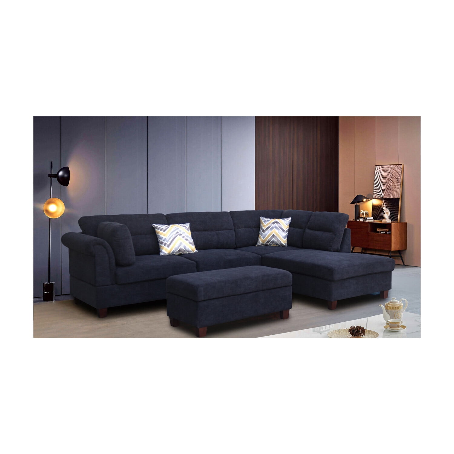 Maykoosh Victorian Vibes Black Fabric Sectional Sofa with Right Facing ...