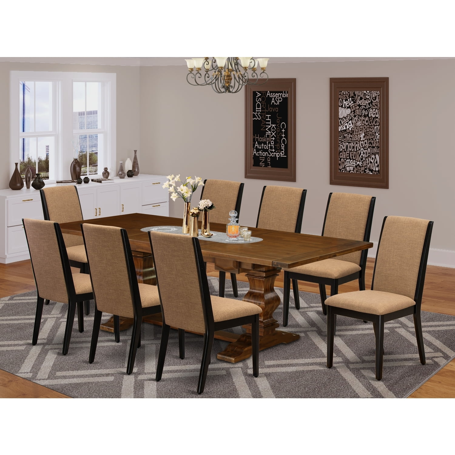 Maykoosh Victorian Virtue 9-Piece Dinette Set With ChairS Legs And Light Sable Linen Fabric ...