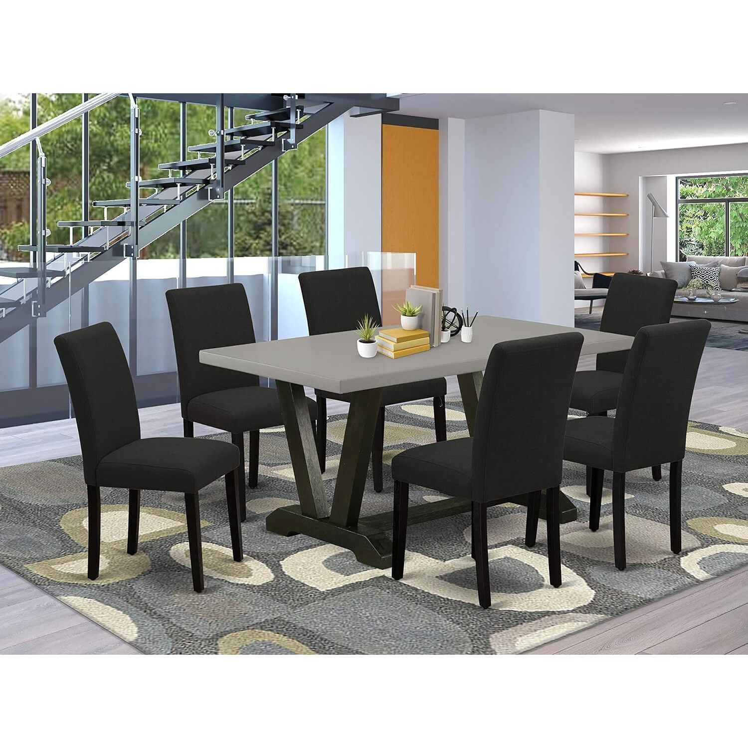 Modern Kitchen Table Set with 6 Upholstered Dining Chairs - Black ...