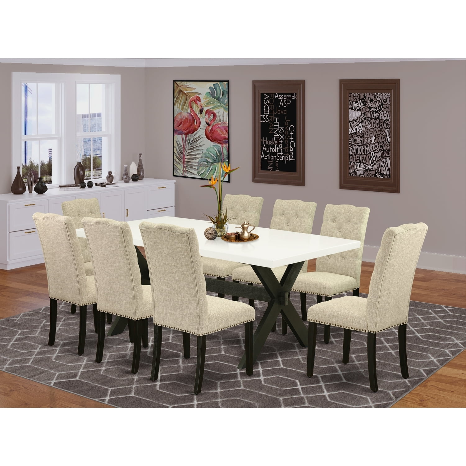 Modern 9-Piece Dining Set - Rectangular Table with 8 Parson Chairs ...
