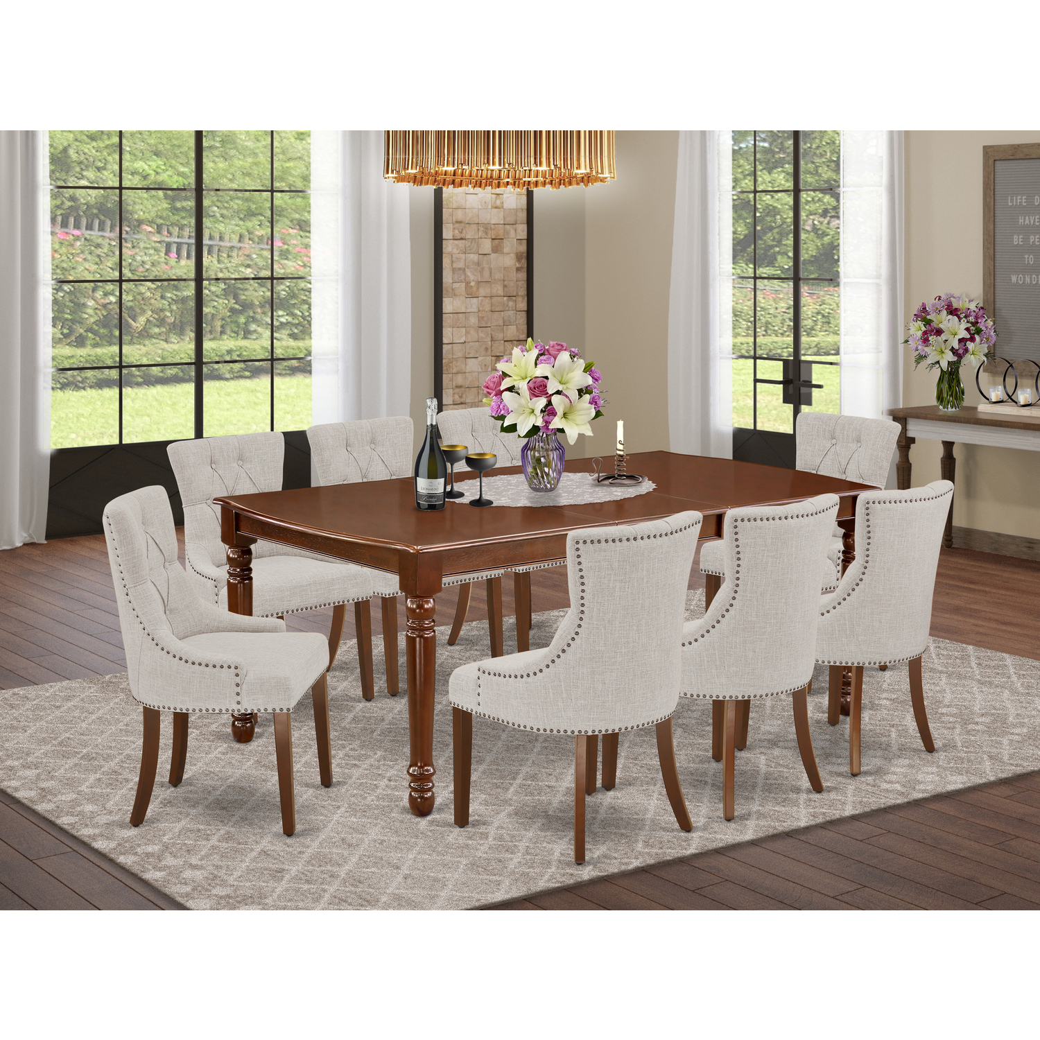 9Pc Dining Set - Rectangle Table with Leaf8 Parson Chairs - Mahogany ...