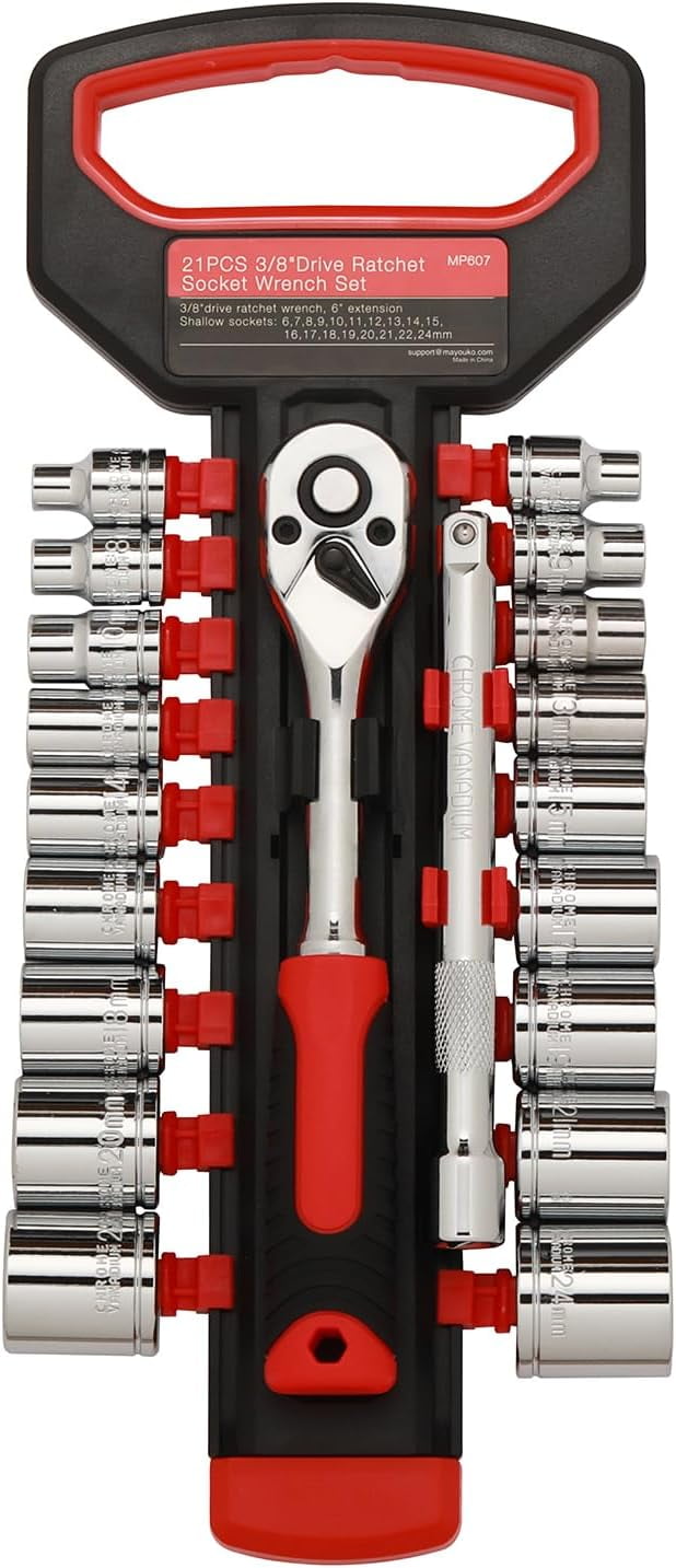 Mayouko 21PCS 3/8" Drive Ratchet Socket Wrench Set, Drive Socket Set with Shallow Sockets, 6 ...