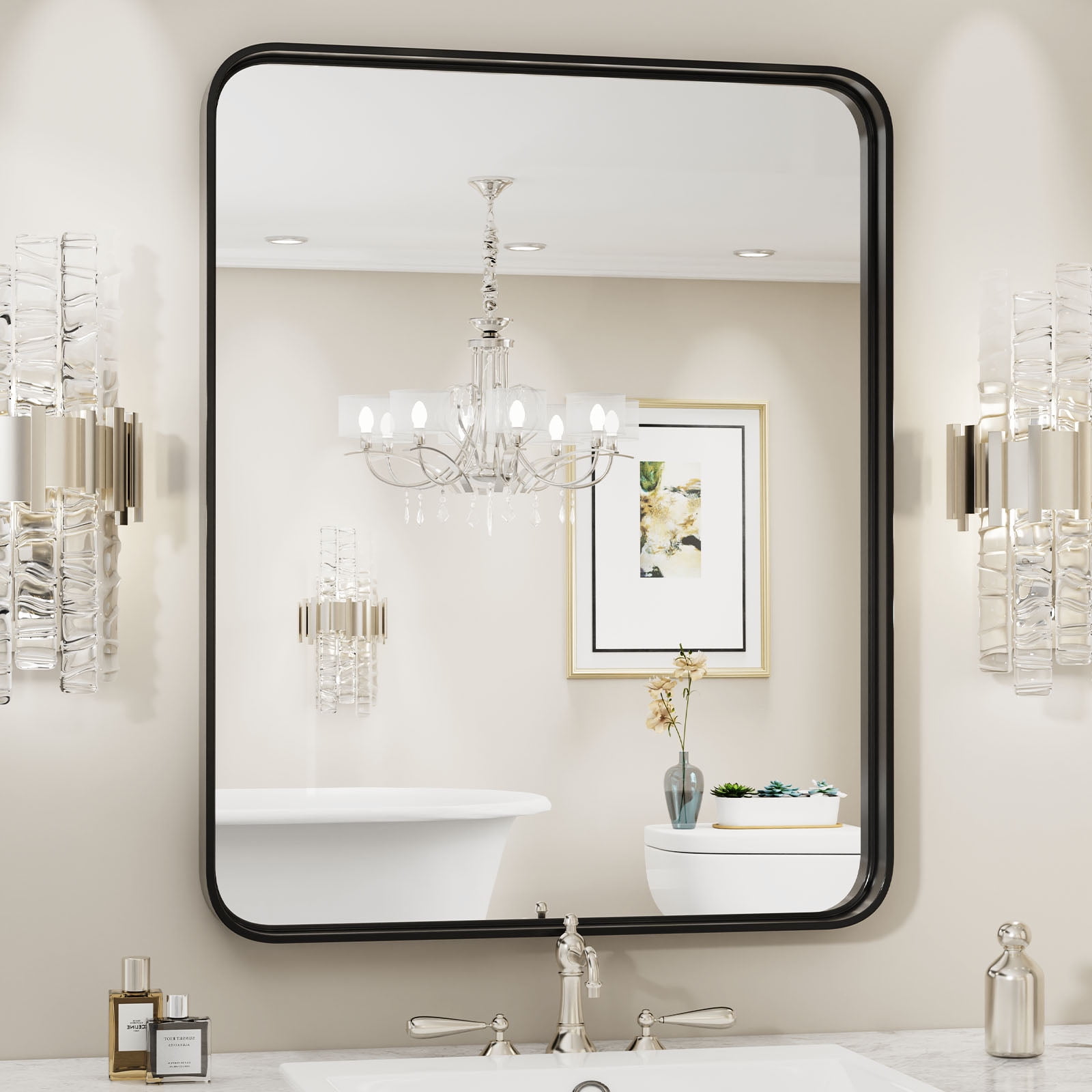 Mayoume Black Metal Framed Vanity Rounded Rectangle Bathroom Mirrors ...