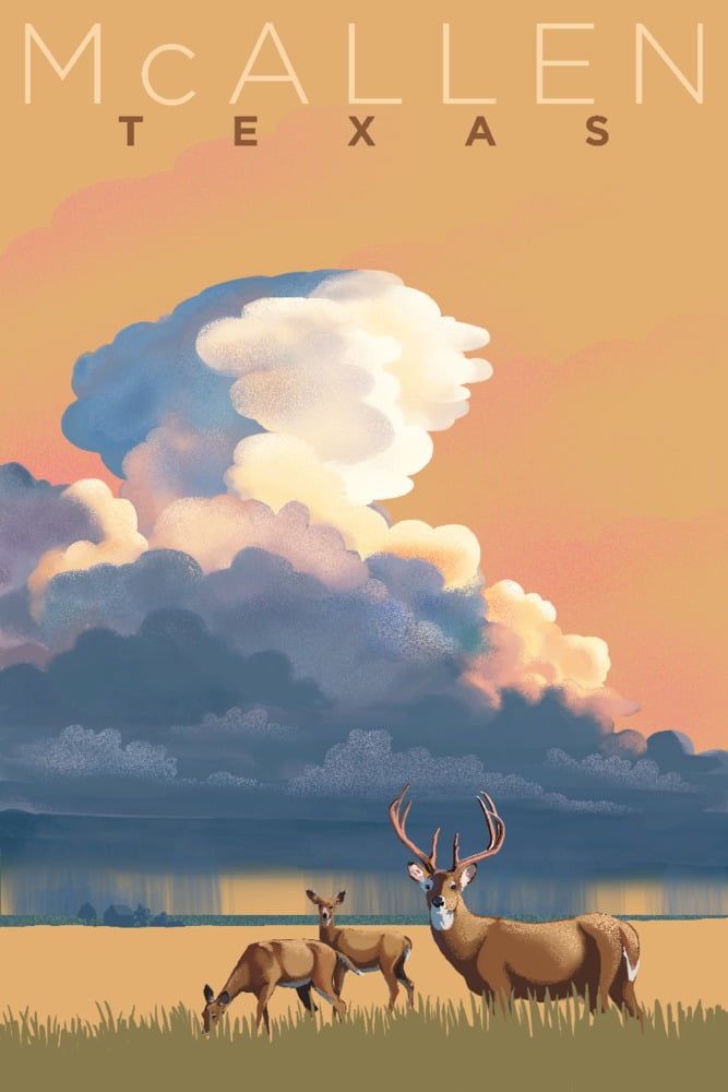McAllen, Texas, White-tailed Deer and Rain Cloud, Lithograph (16x24 ...