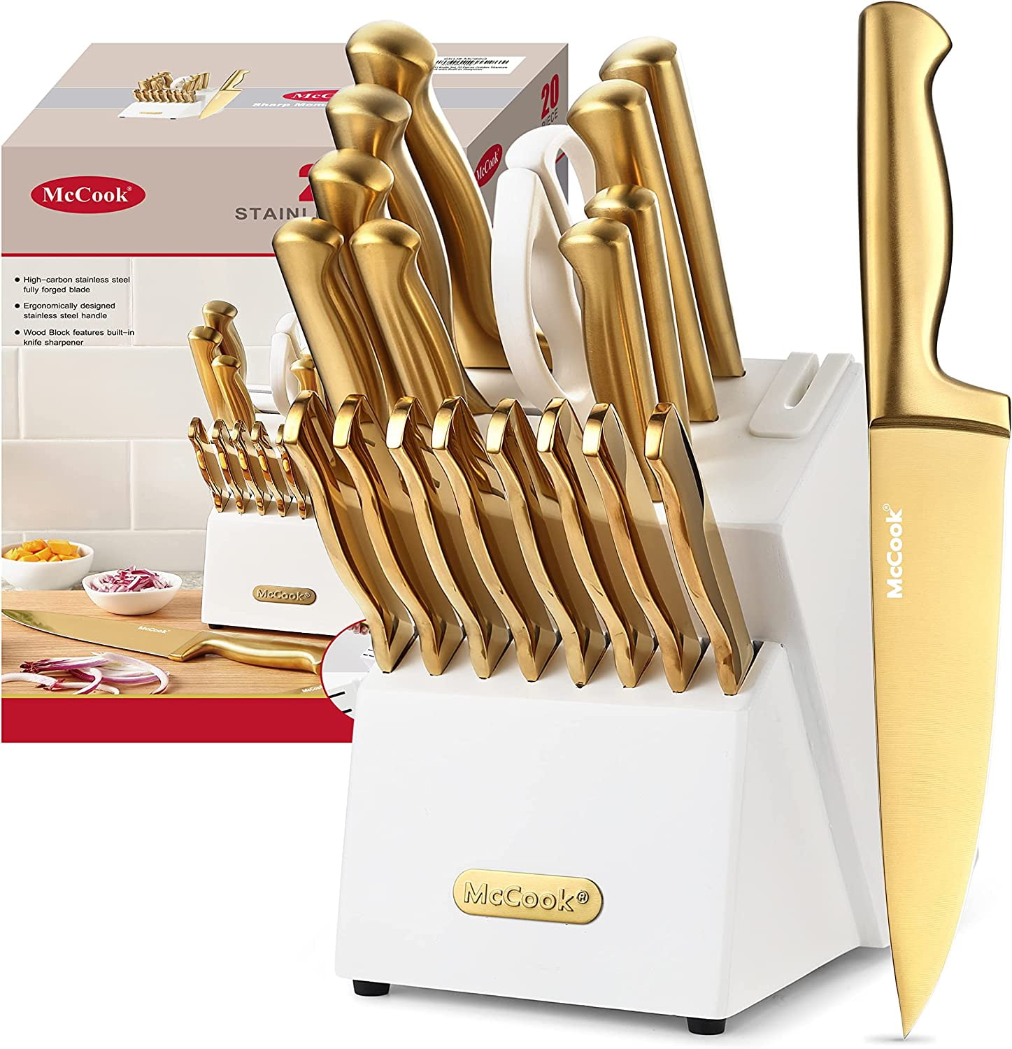 McCook Gold Kitchen Knife Sets,20 Pieces Luxury Golden Titanium Knife ...