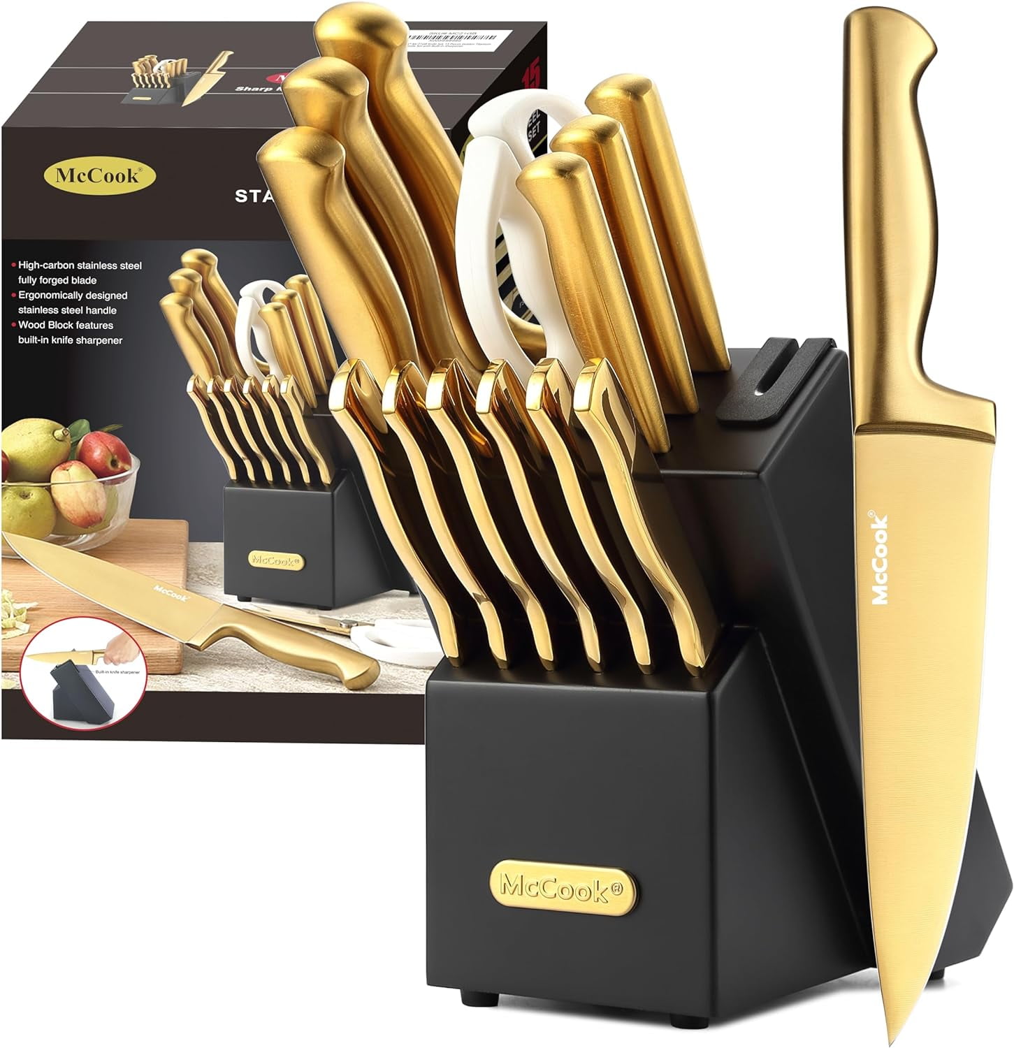 McCook® Knife Sets, Golden Titanium Stainless Steel Kitchen Knife Block ...