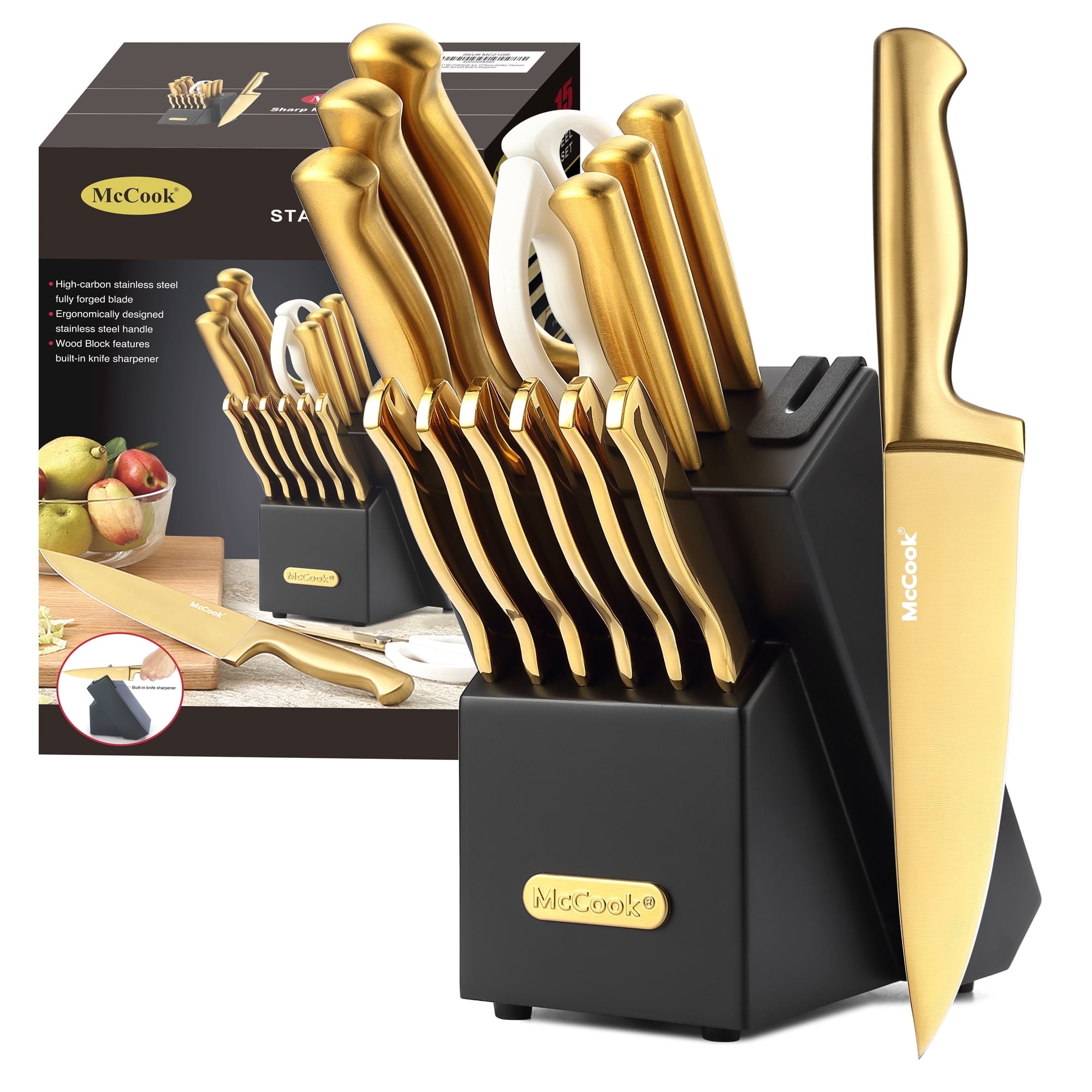 McCook MC21GB 15-Piece Golden Titanium Kitchen Knife Set, Stainless ...