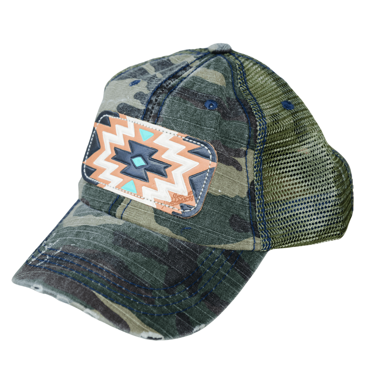 McIntire Saddlery Camo Ponytail Cap with Aztec Leather Tooled Patch ...
