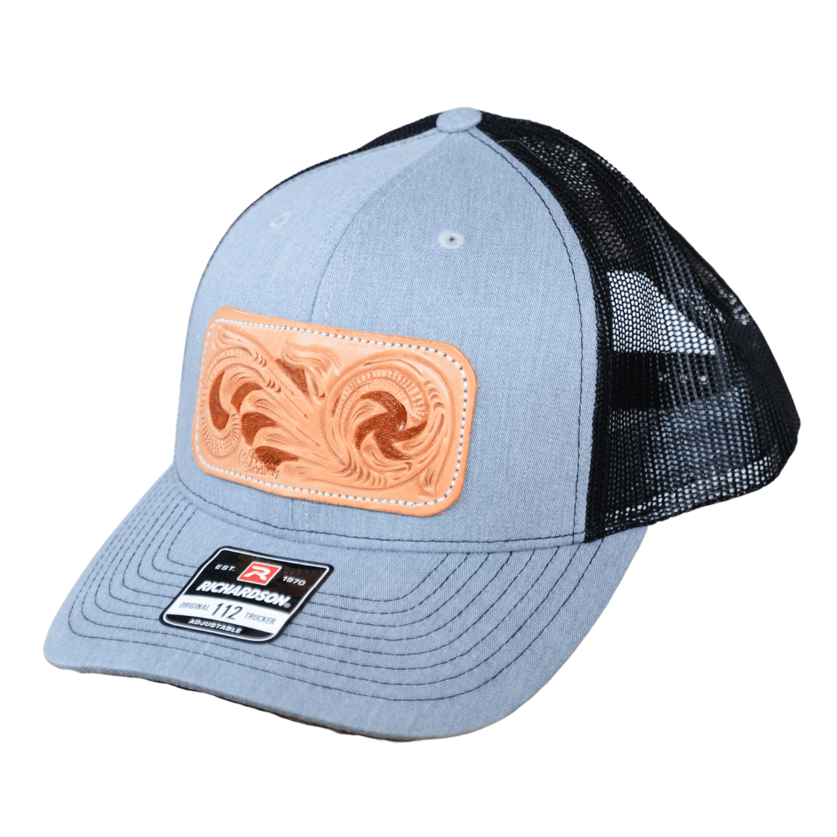 McIntire Saddlery Heather Grey and Black Leather Tooled Patch Cap ...