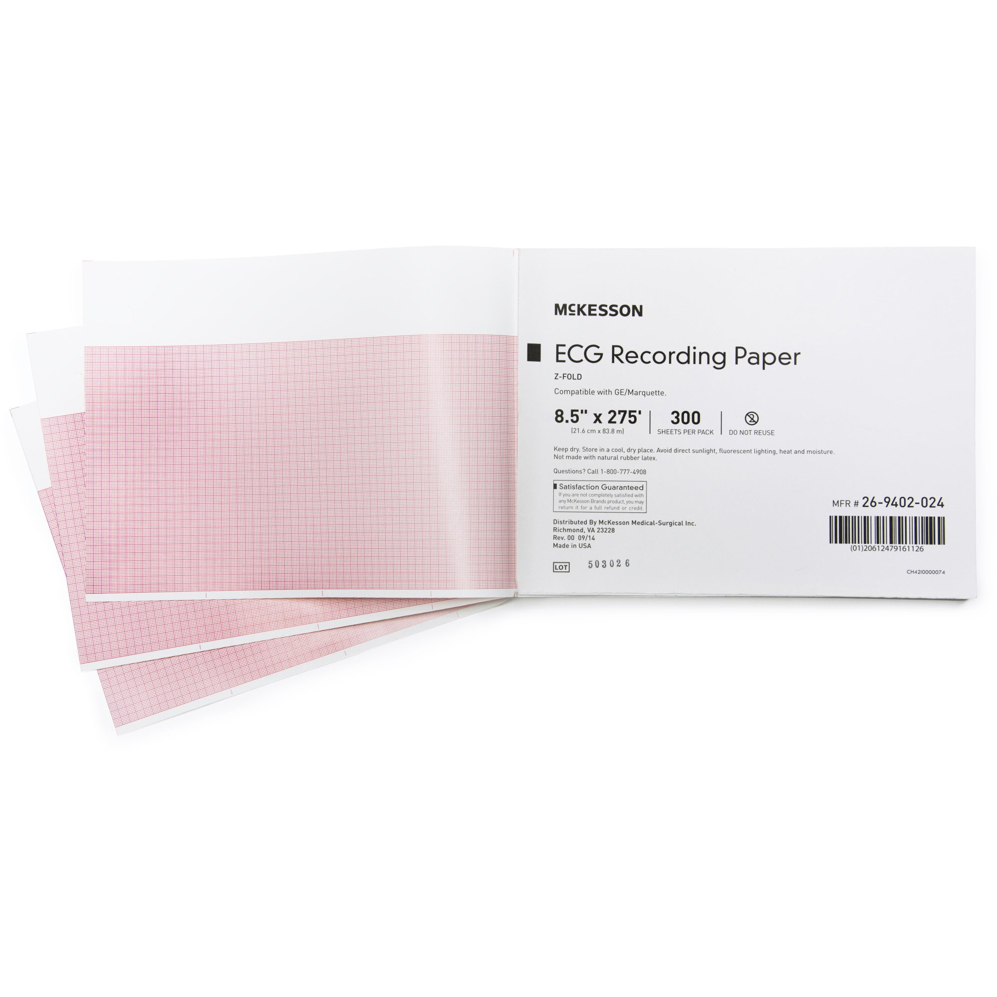 McKesson ECG Recording Paper, Red Grid Thermal Paper, 8 1/2 in x 275 ft ...