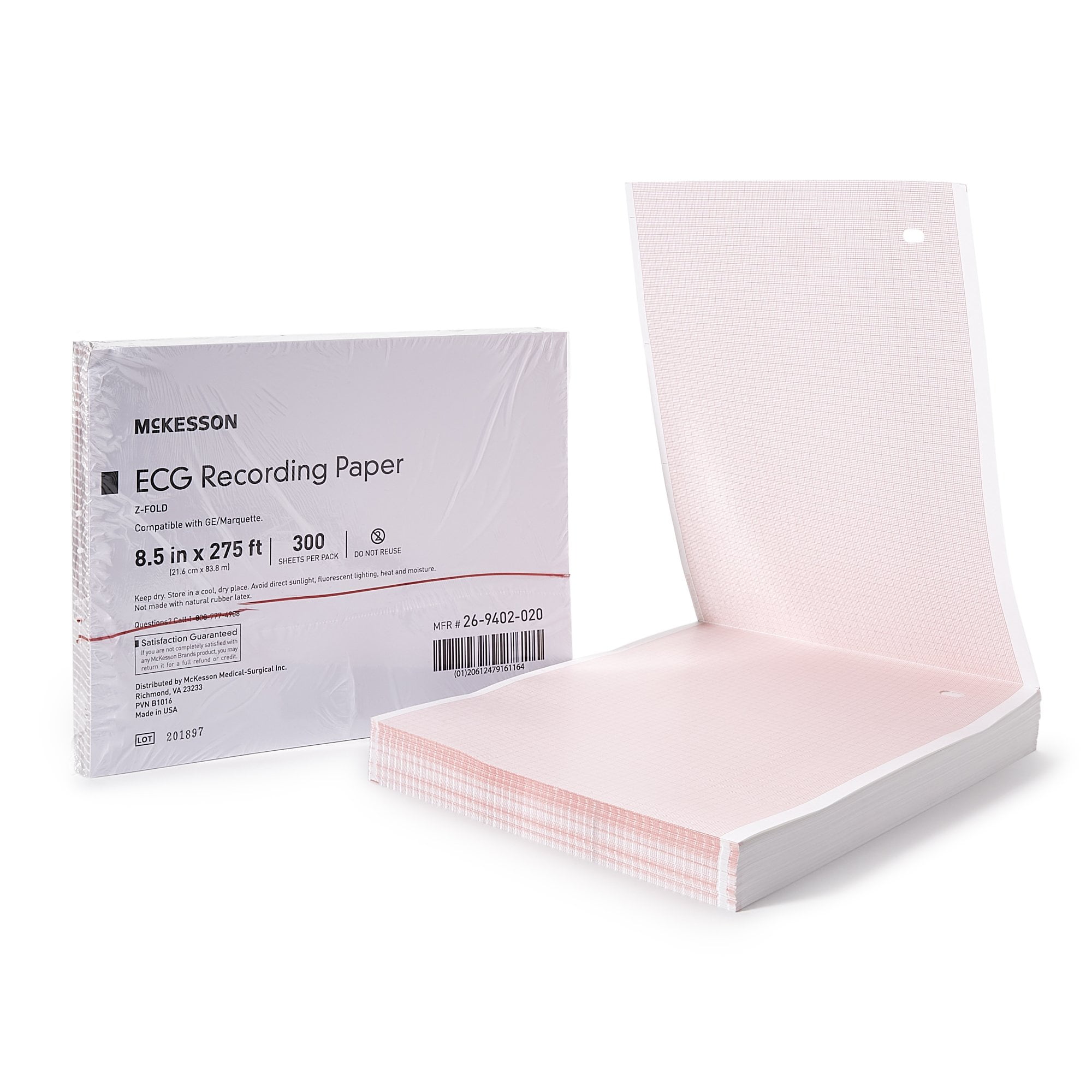 McKesson ECG Recording Paper, Red Grid Thermal Paper with Z-Fold, 8 1/2 ...