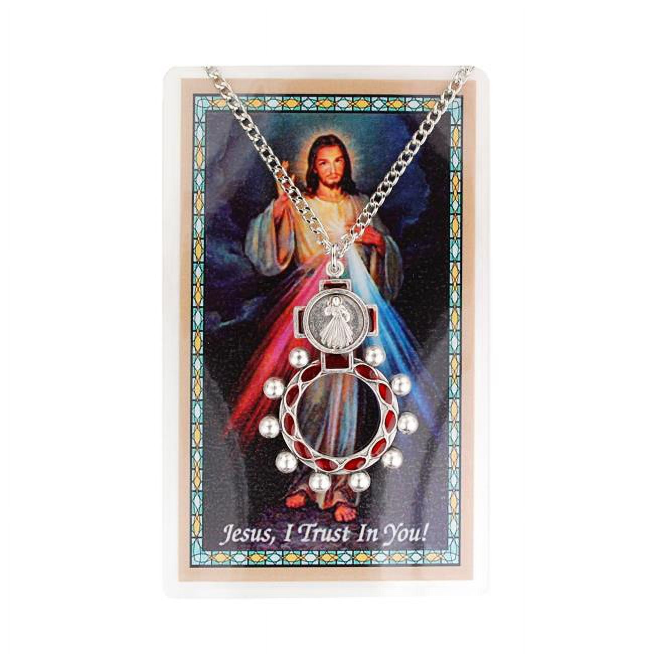 McVan 24 in. Silver Tone Chain Divine Mercy Rosary Ring with Laminated ...