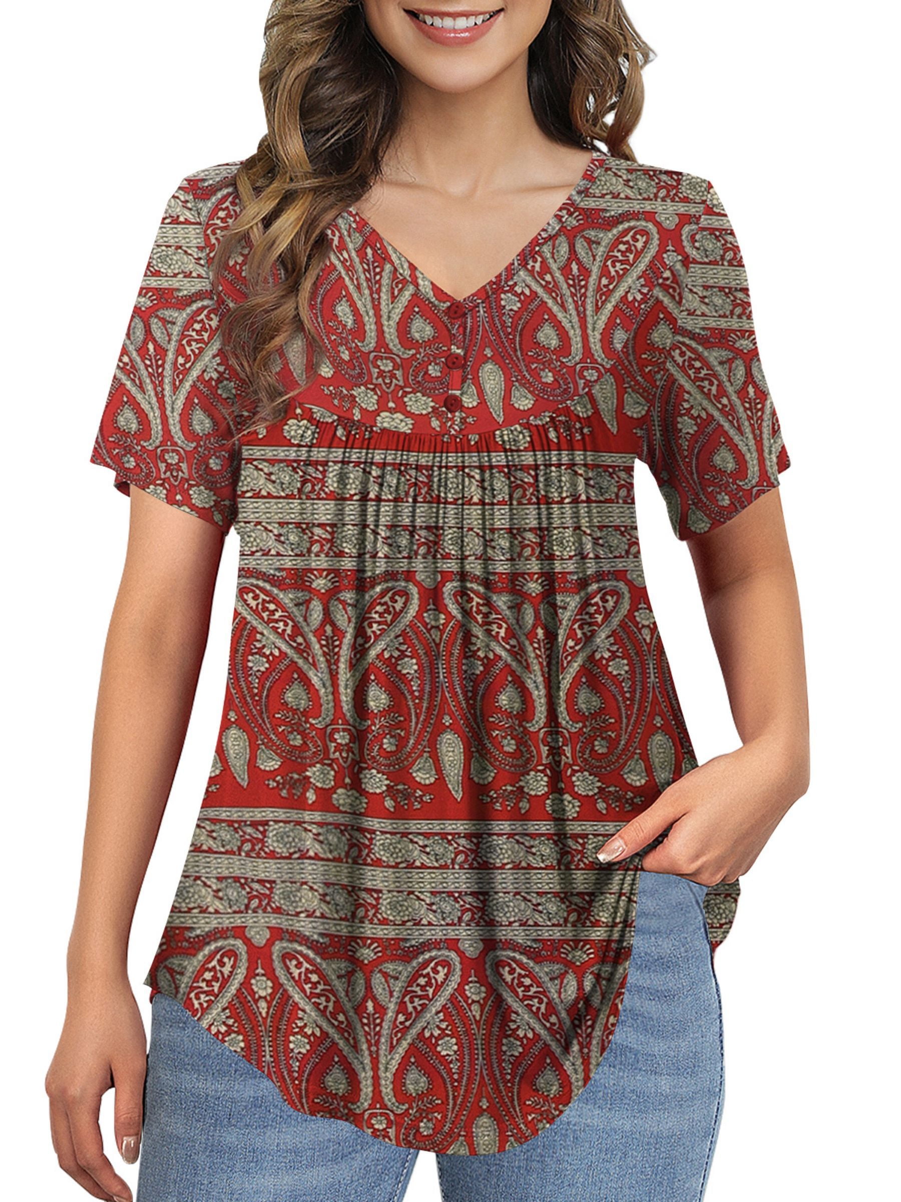 McVanedy Women's Pleated Flare Top V Neck Button Plus Size Short Sleeve ...