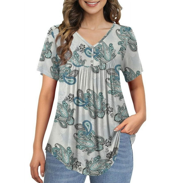 McVanedy Women's Pleated Flare Top V Neck Button Plus Size Short Sleeve ...