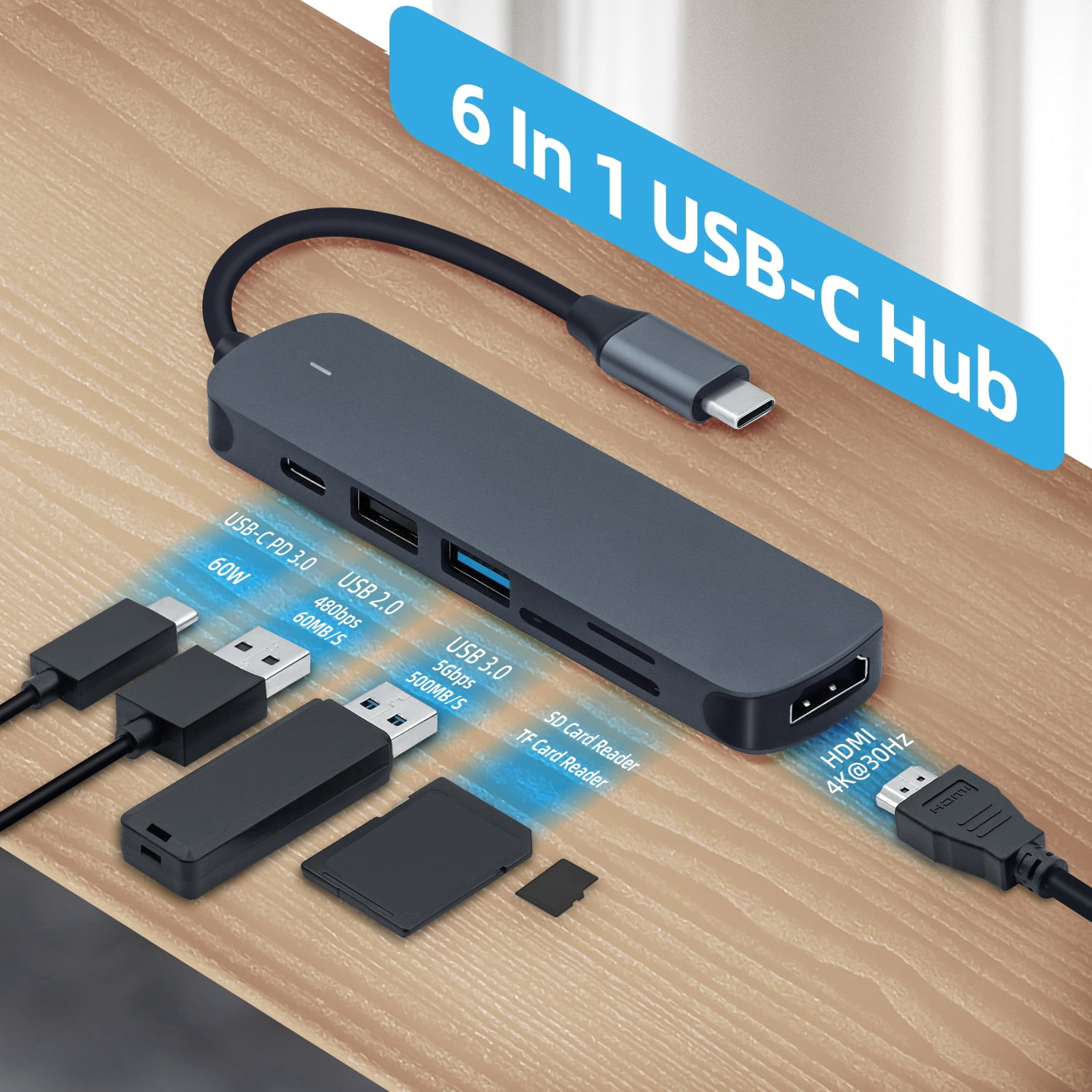 Mcbazel USB-C Adapter 6 In 1 USB-C Hub for Laptop/MacBook/iPad Pro ...
