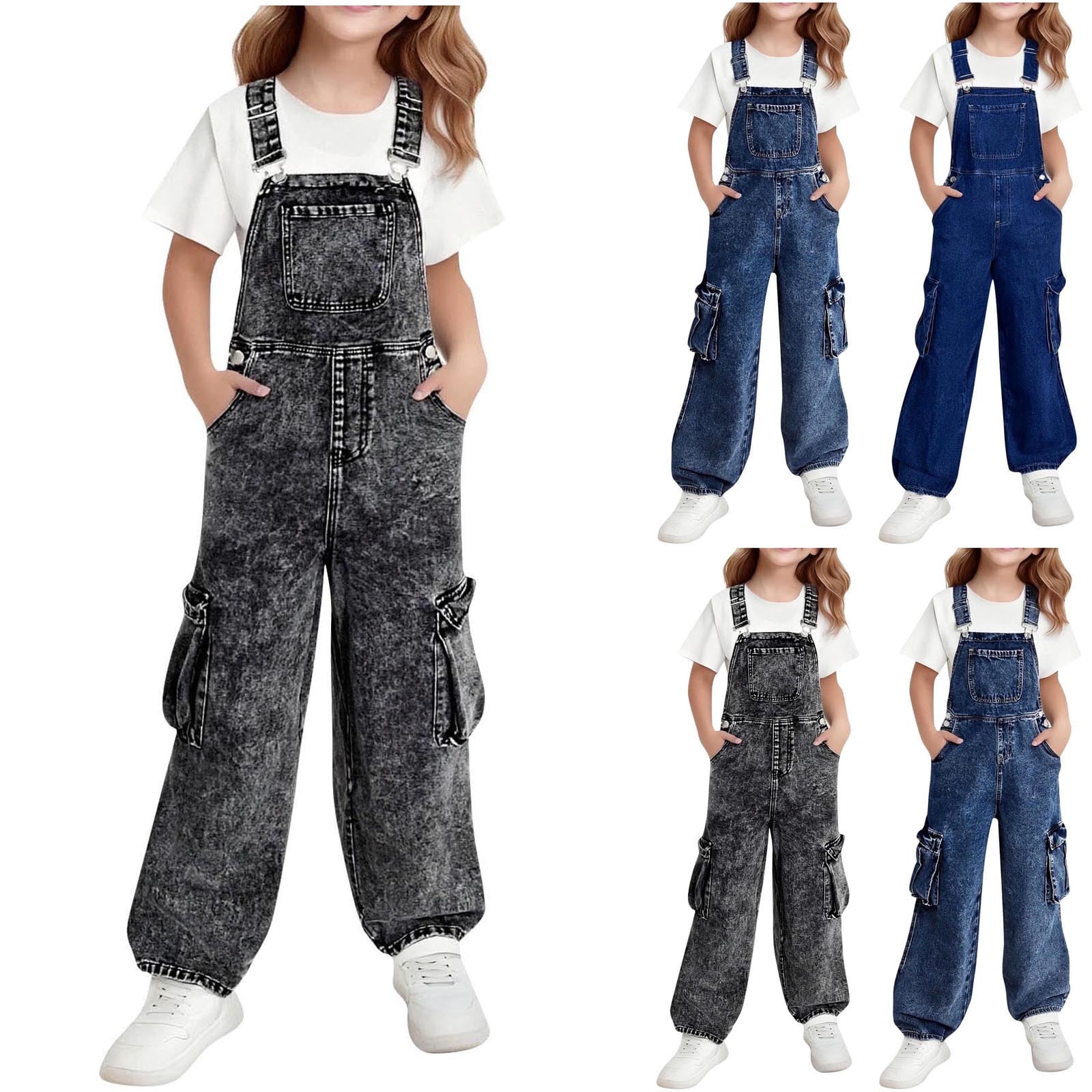 Mceream Girls Denim Overalls Baggy Sleeveless Wide Leg Adjustable Jeans ...
