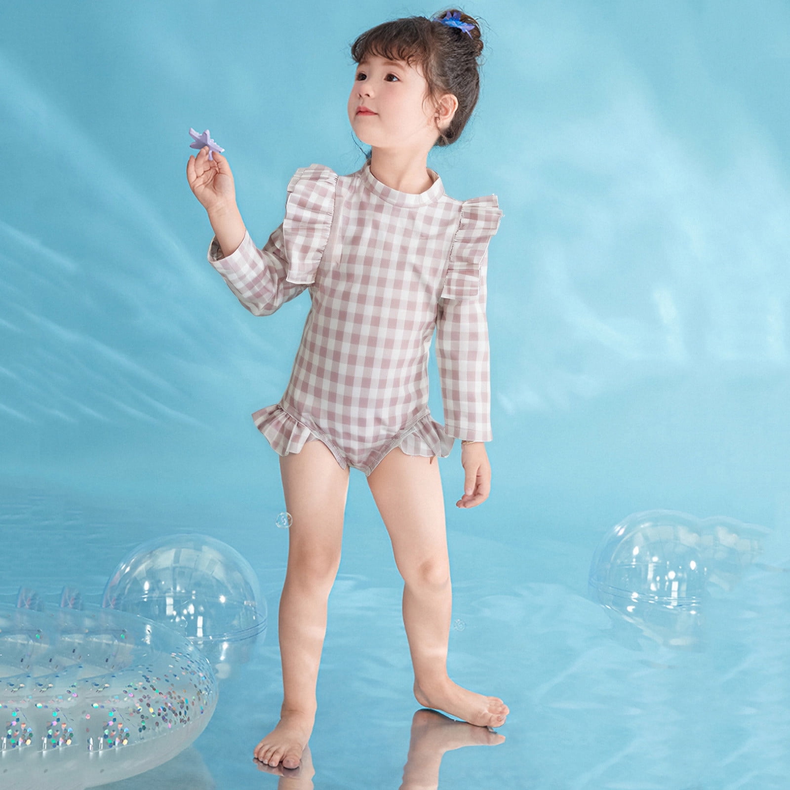 Mceream Girls One Piece Swimsuit Plaid Rash Guard Long Sleeve Bathing ...