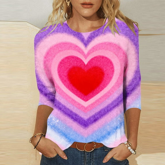 Mceream Valentine 3/4 Sleeve Crew Neck T Shirts for Women Love Heart ...