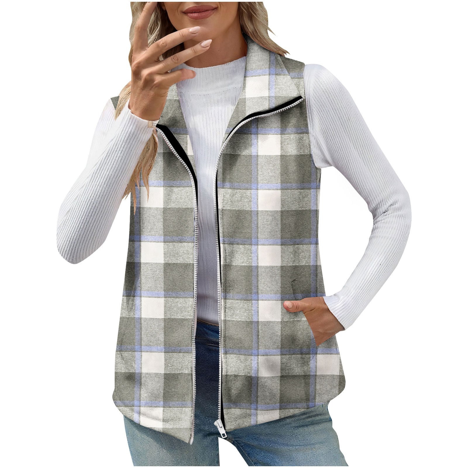 Mceream Womens Fuzzy Sherpa Fleece Jacket Vest Plaid Lapel Lightweight ...