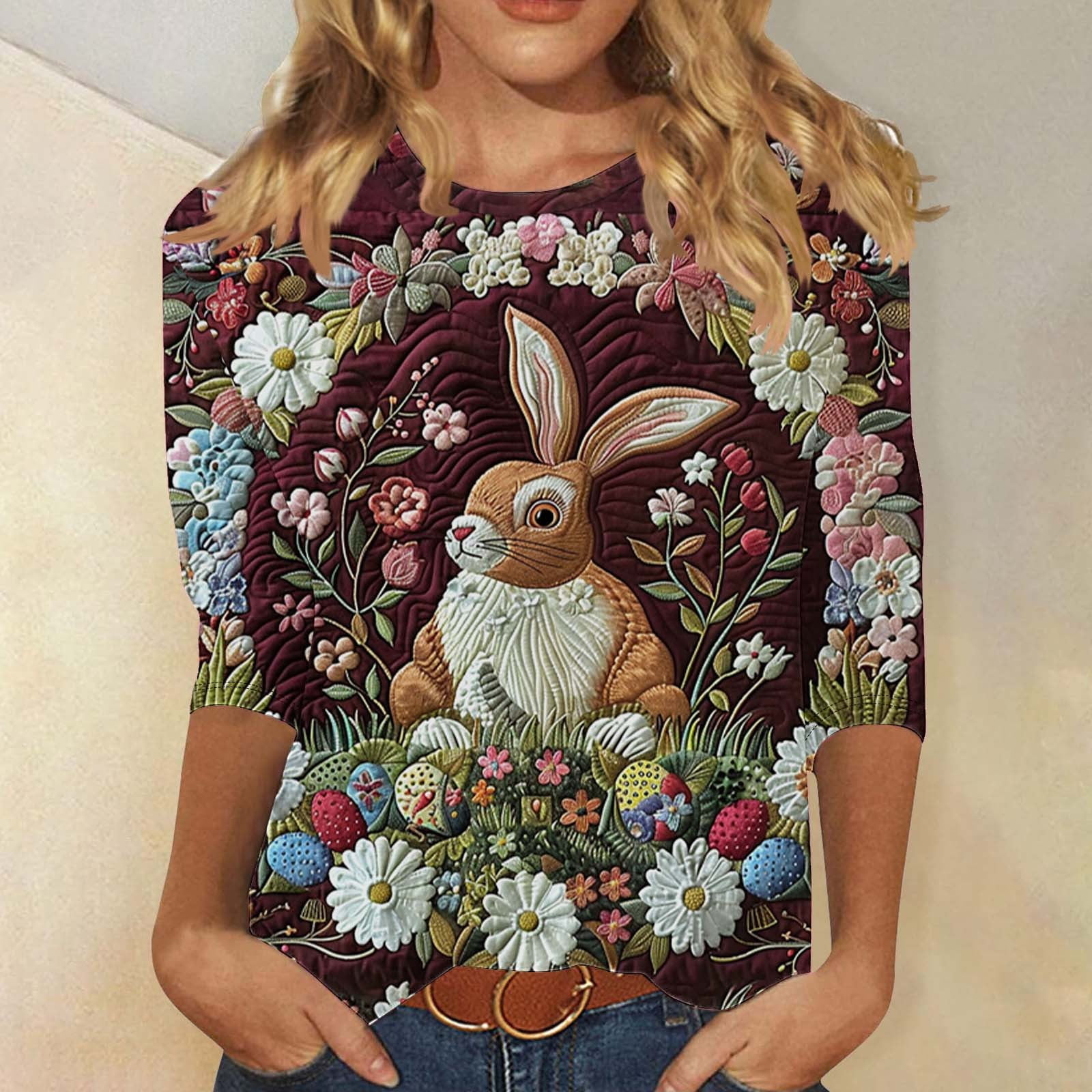 Mceream Easter Bunny Tops for Women 3/4 Sleeve Shirts Crewneck Crewneck ...