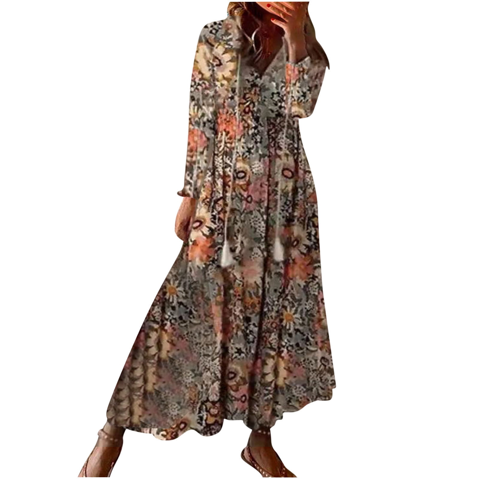 Mchoice Dresses for Women 2025 Fashionable Casual V-neck Loose Fitting Boho Fall Dress Long ...