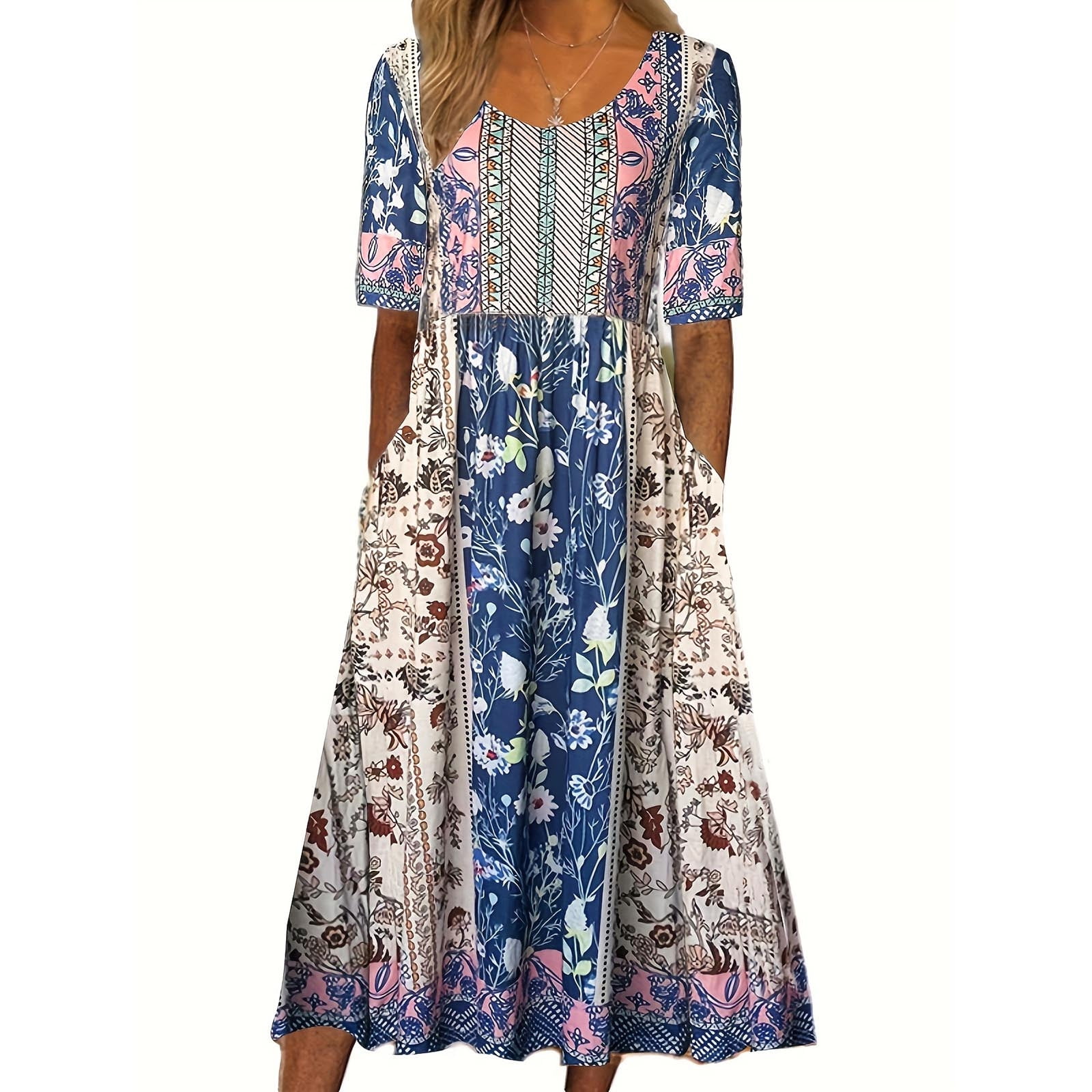 Mchoice Floral Dress for Women Fashion Casual Round Neck Printing Maxi ...