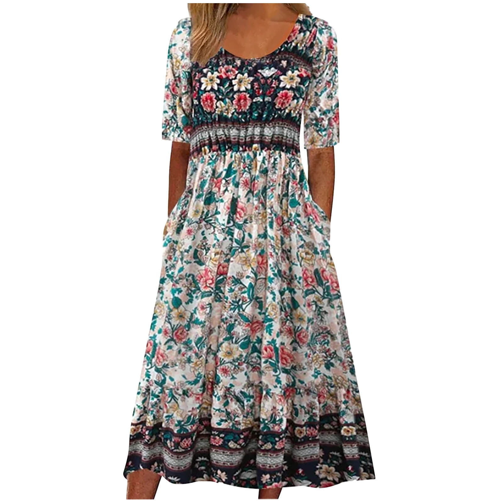 Mychoice Floral Casual Maxi Dress, Round Neck, Short Sleeve, Pockets ...