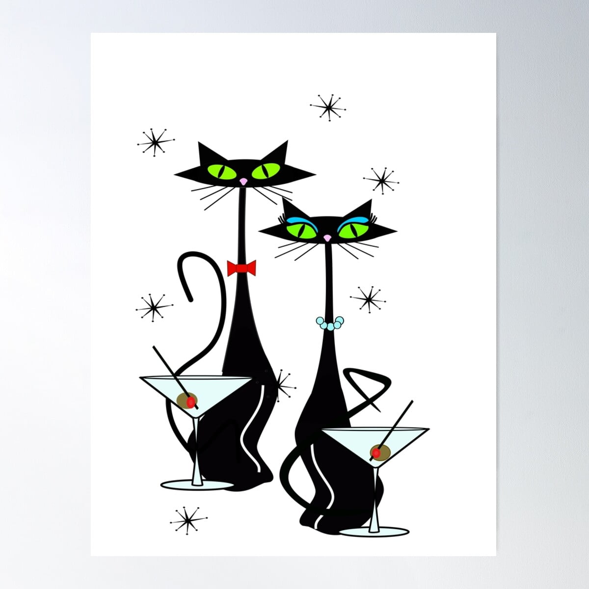 Mcm Atomic Cats Martini Time Poster Wall Art, Modern Wall Decor For ...