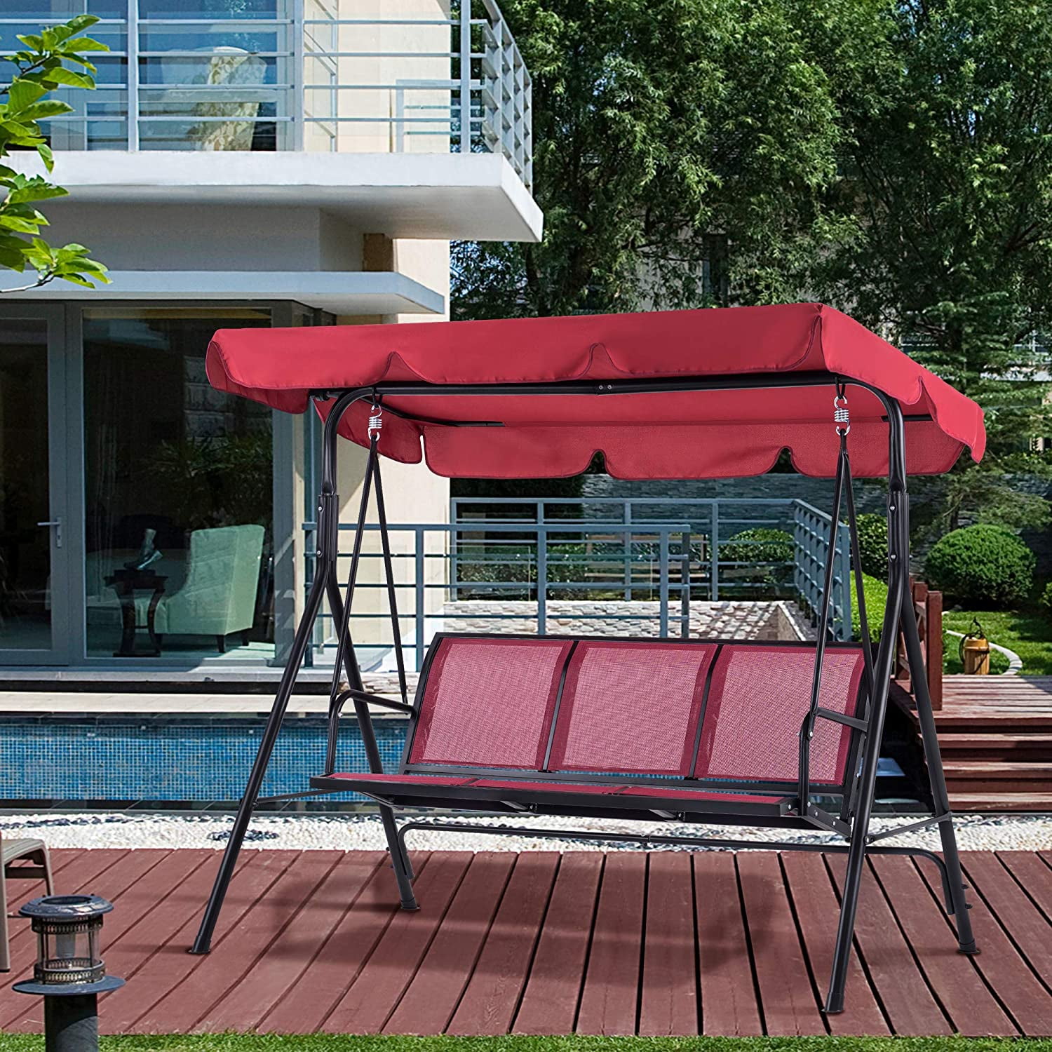 Mcombo 3-Person Outdoor Patio Canopy Swing, Metal Garden Furniture ...