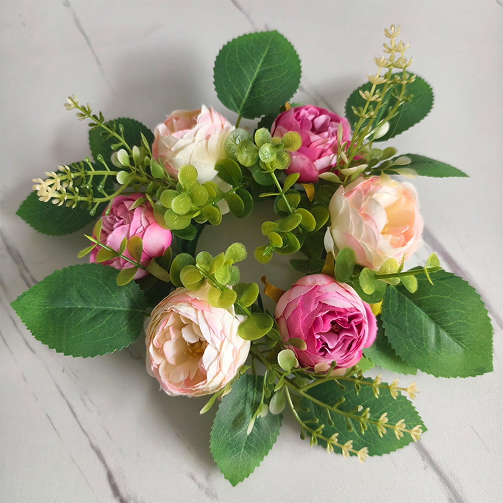 Mdesiwst 6 Head Flower Artificial Peony Wreath Candle Ring Pillar ...