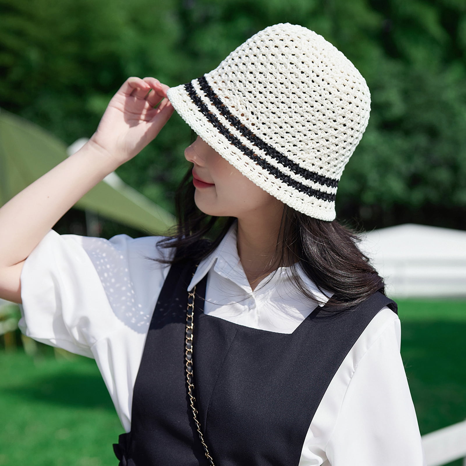 Mdesiwst Women Beach Hat Knitted Hollow Out Patchwork Stripes Crochet ...