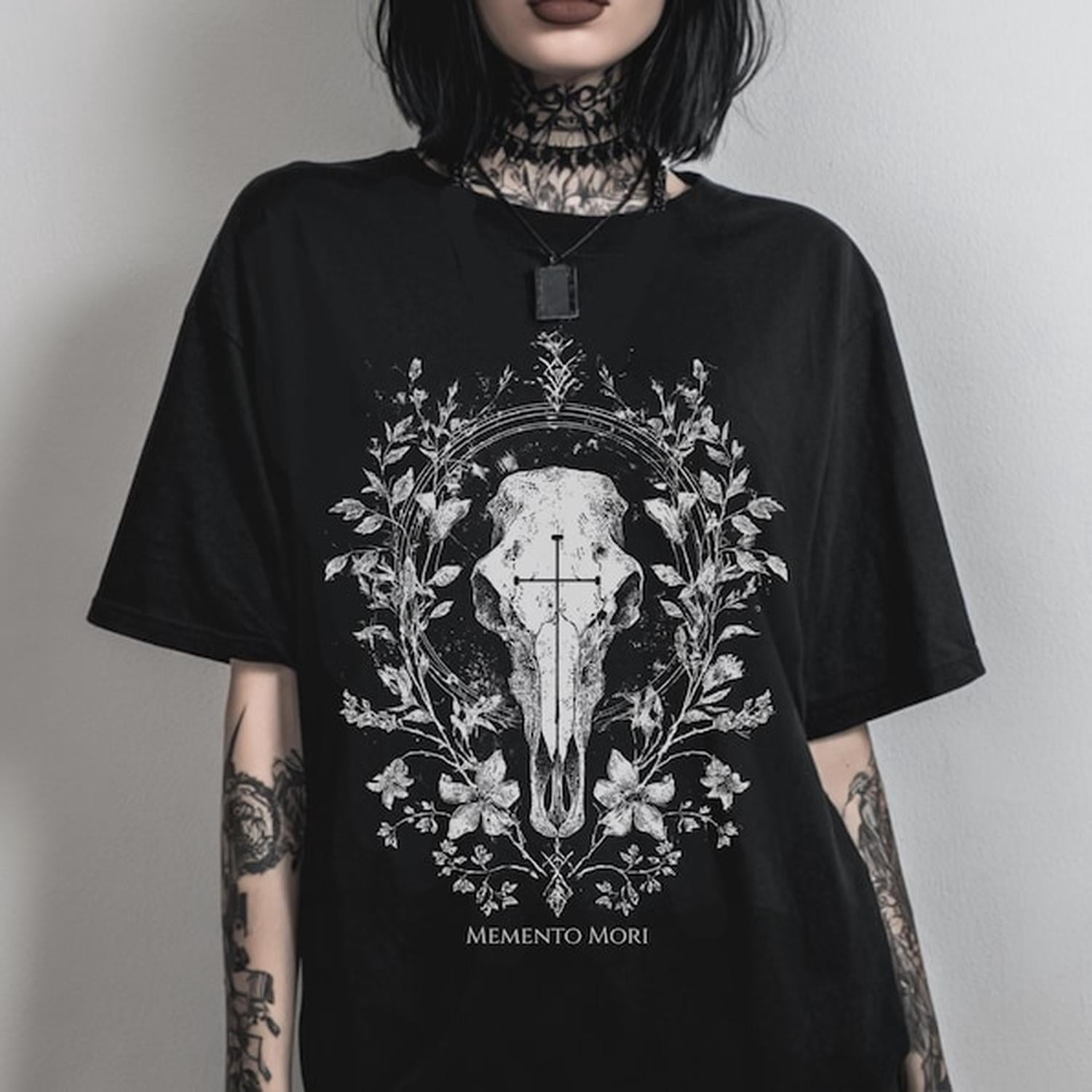 MeM1ento Mori Goth Skull Graphic T-S1Hirt, Dark CottagE1core Witchhirt ...