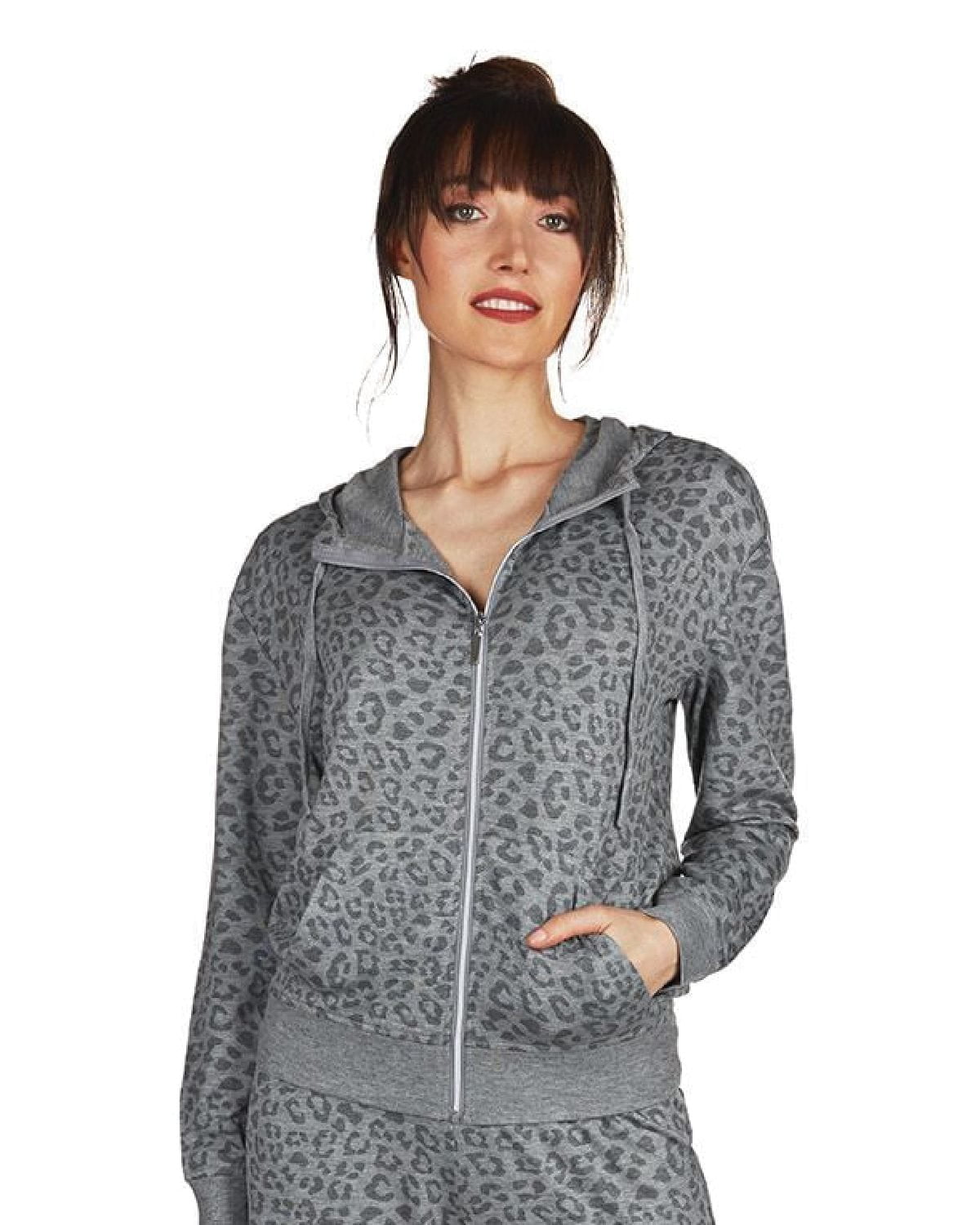 MeMoi Women's Leopard Print French Terry Cloth Lounge Hoodie - Womens - Female (XS, Gray Heather ...