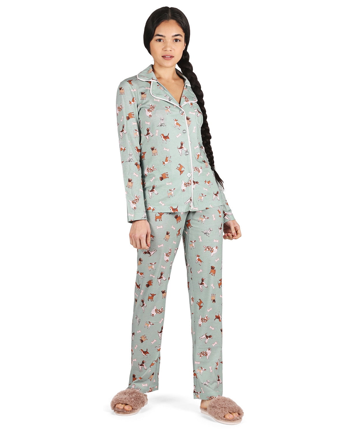 MeMoi Women's Dog and Bone Notch Collar Cotton Blend Pant Pajama Set ...