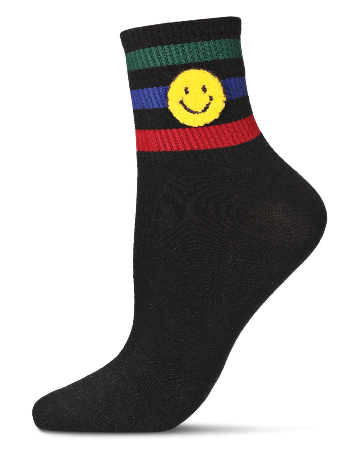 MeMoi Women's Striped Cotton-Rich Crew Sock with Terry Smiley Patch ...