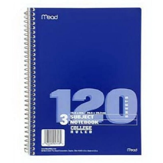 Mead 05748 College Ruled Spiral Notebook 3-Subject 120 Sheets 10 X 8 ...