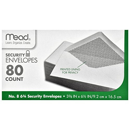 Mead 80 Count, Size No. 8 6 3/4 White Security Paper Envelopes, 9.2 cm ...