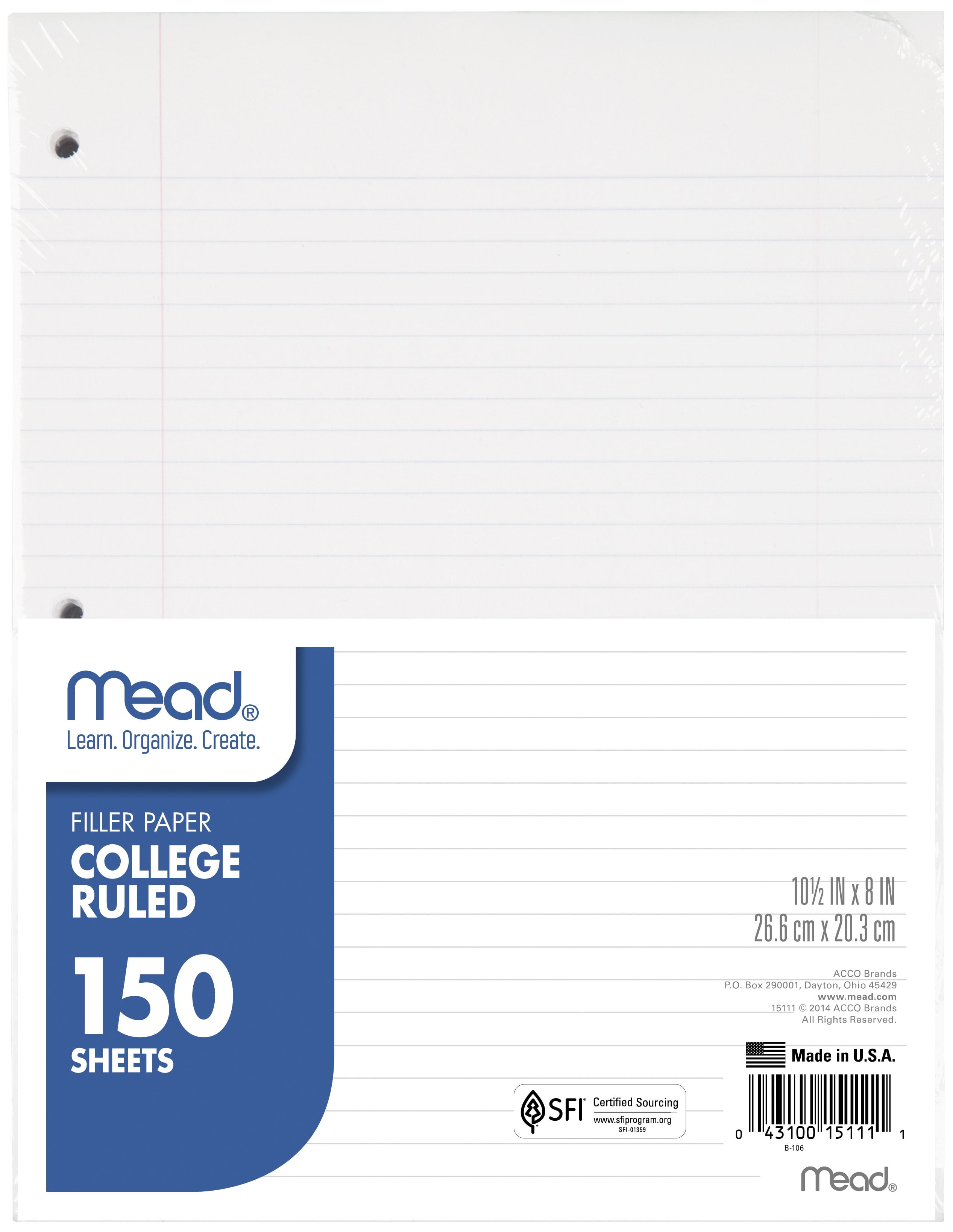 Mead College Ruled Loose Leaf Filler Paper, 150 Sheets/Pack, 3 Hole ...