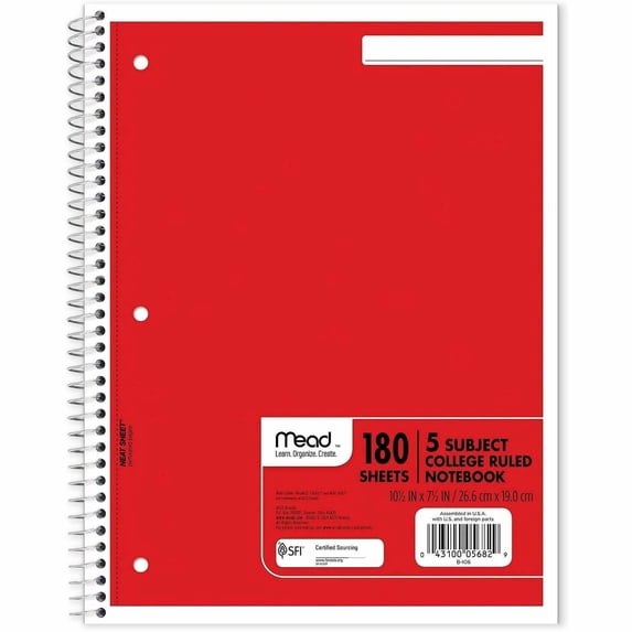 Mead, College Ruled 5-Subject Spiral Notebook, Multi School Supplies, 1 ...