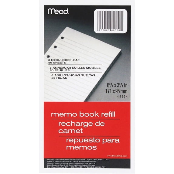 Mead Memo Book Refill Pages, 80 Sheets, White Paper, Narrow Ruled, 3 3/ ...