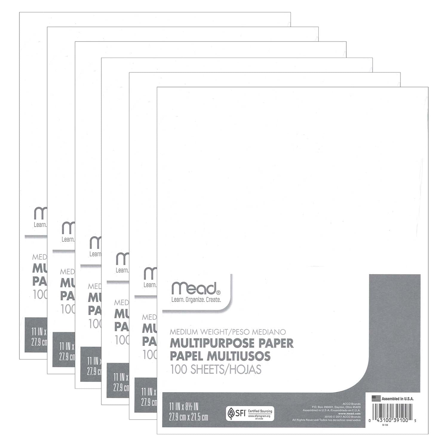 Mead Multipurpose Paper, 8 1/2" x 11", White, 100 Sheets Per Pack, 6 ...