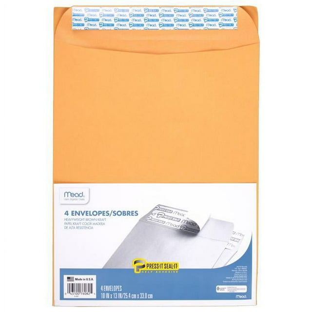 Mead Press-It Seal-It Envelopes, 10" x 13", 4 Per Box, 12 Boxes ...