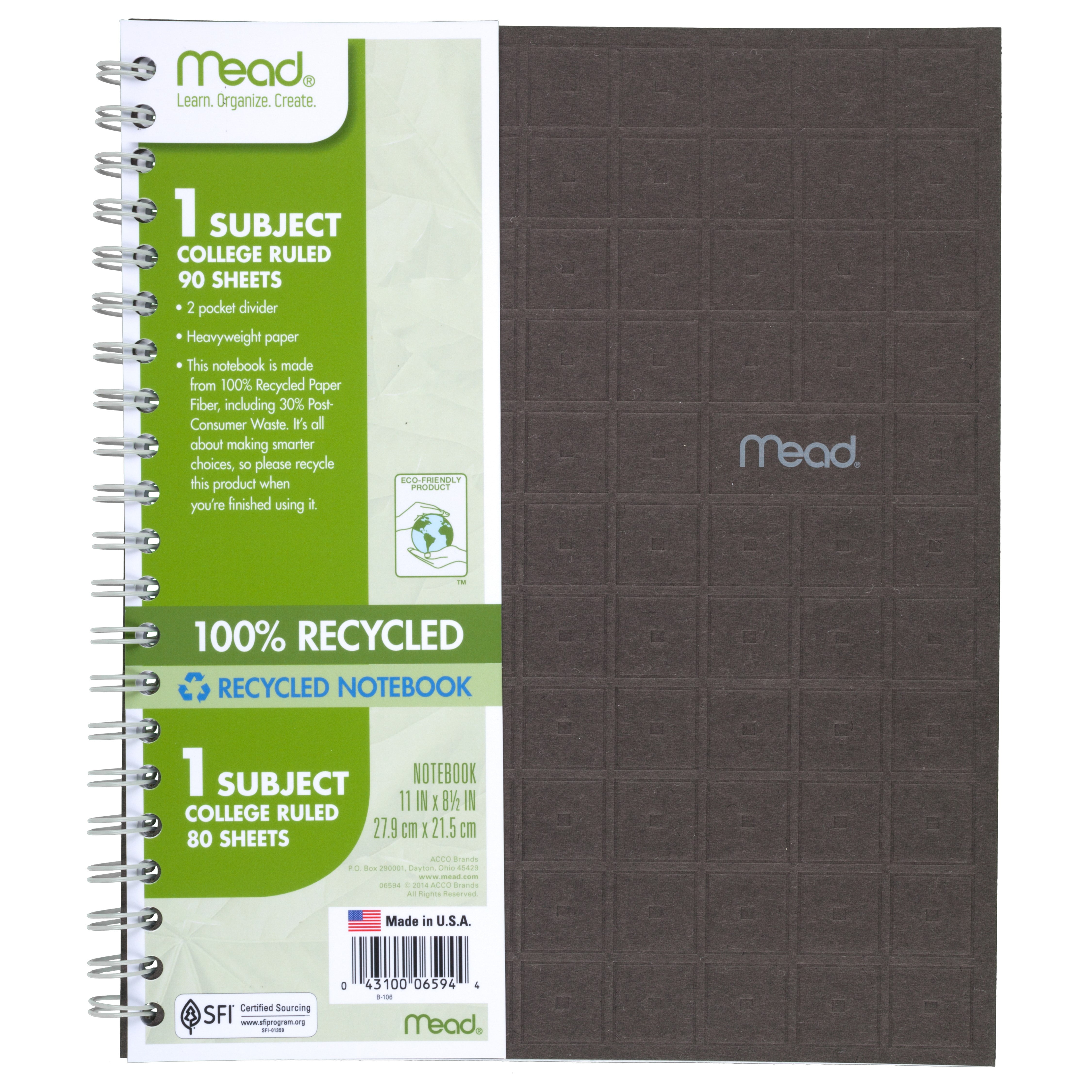 Mead Recycled Notebook, 80 Sheets, College Ruled, 11" x 8.5", Stone ...